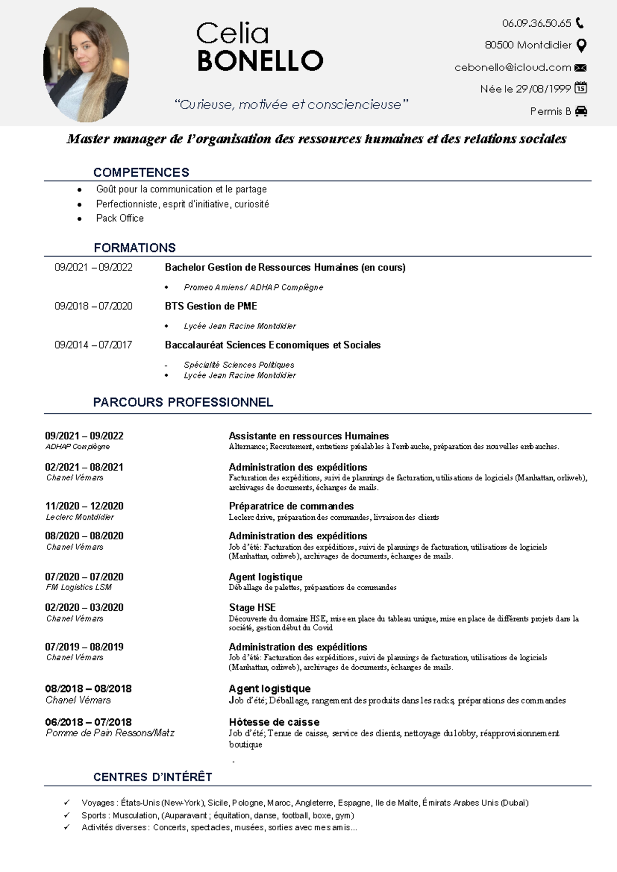 CV + LM Master Bonello Celia - Celia “Curieuse, motivée et consciencieuse” COMPETENCES PARCOURS ...