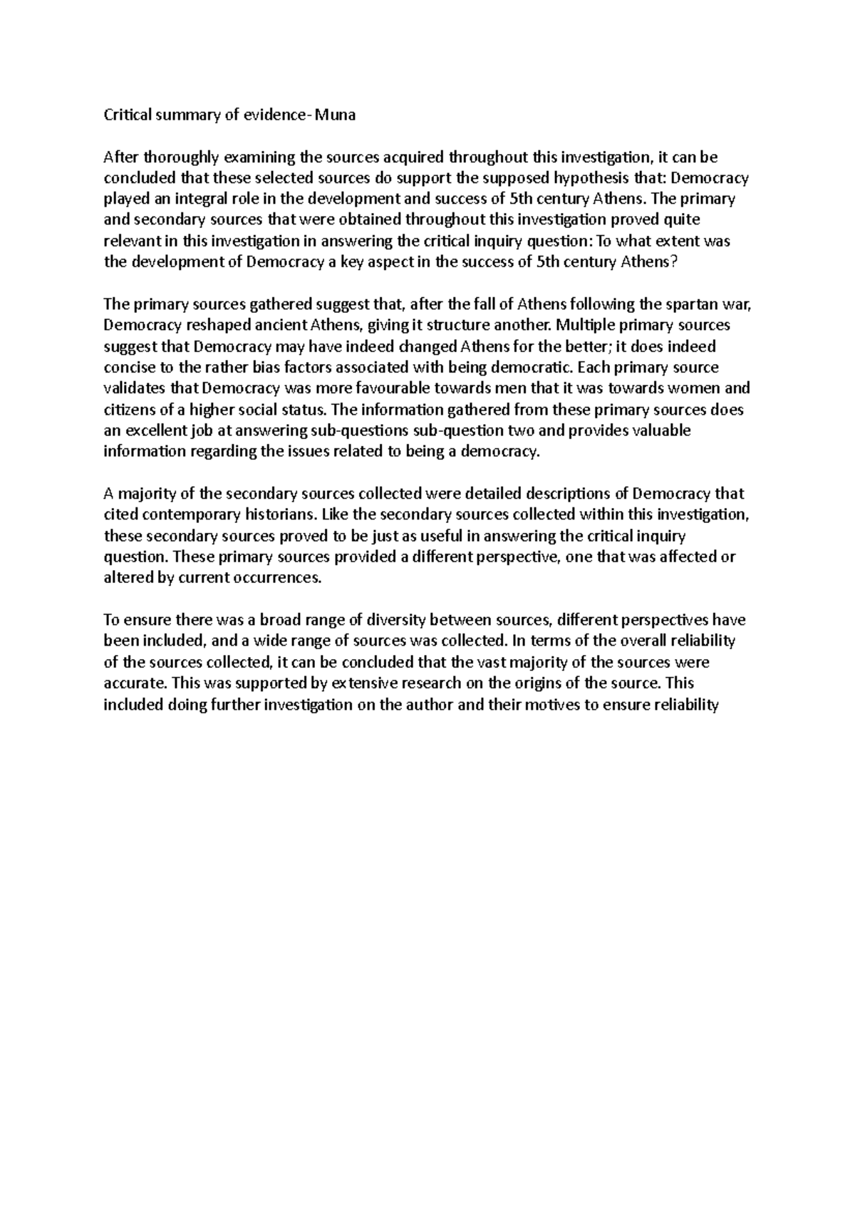 Critical summary of evidence - The primary and secondary sources that ...