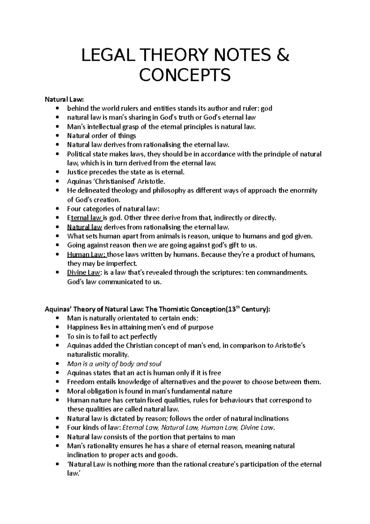 Legal Theory Notes LEGAL THEORY NOTES CONCEPTS Natural Law Behind