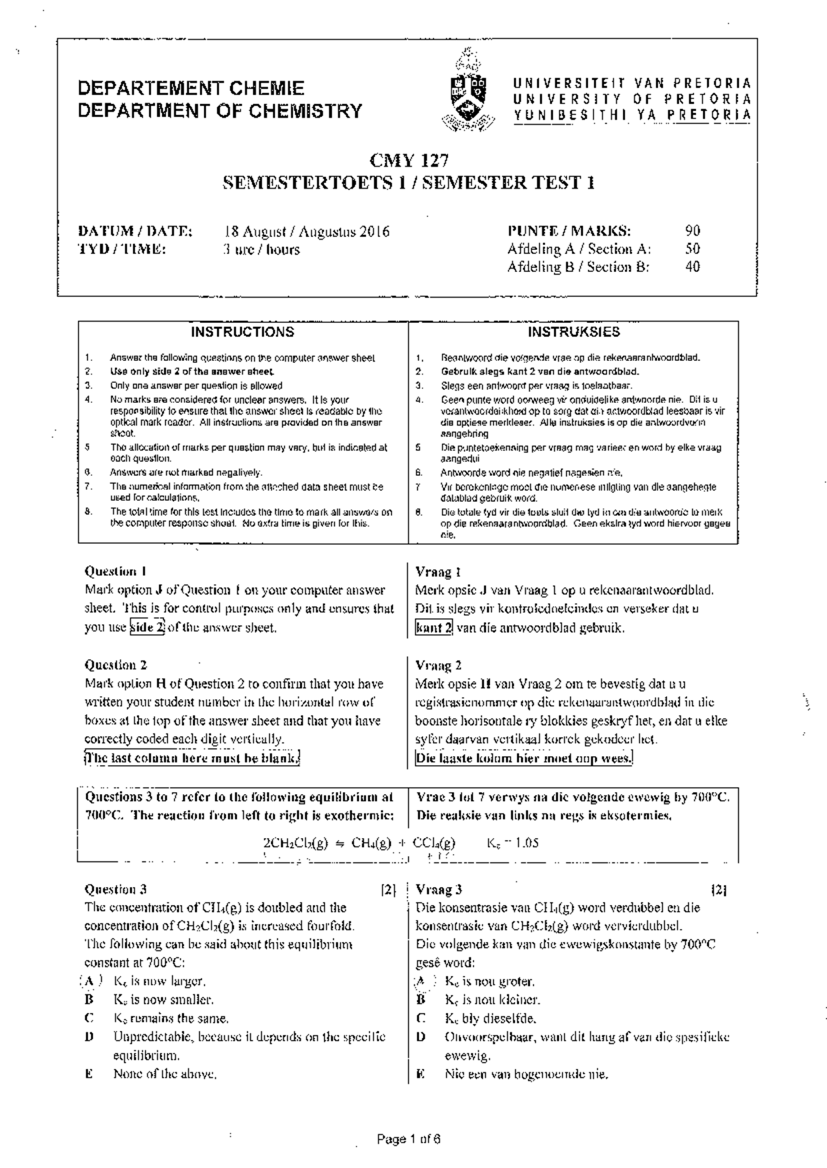 CMY Sem Test 1 2016 - DEPARTEMENT CHEMIE UNIVERSITET VAN PRETORIA ...