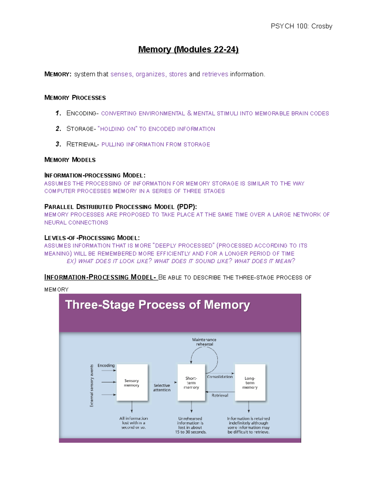 Memory Modules 22-24 psych 100 - Memory (Modules 22-24) MEMORY: system ...