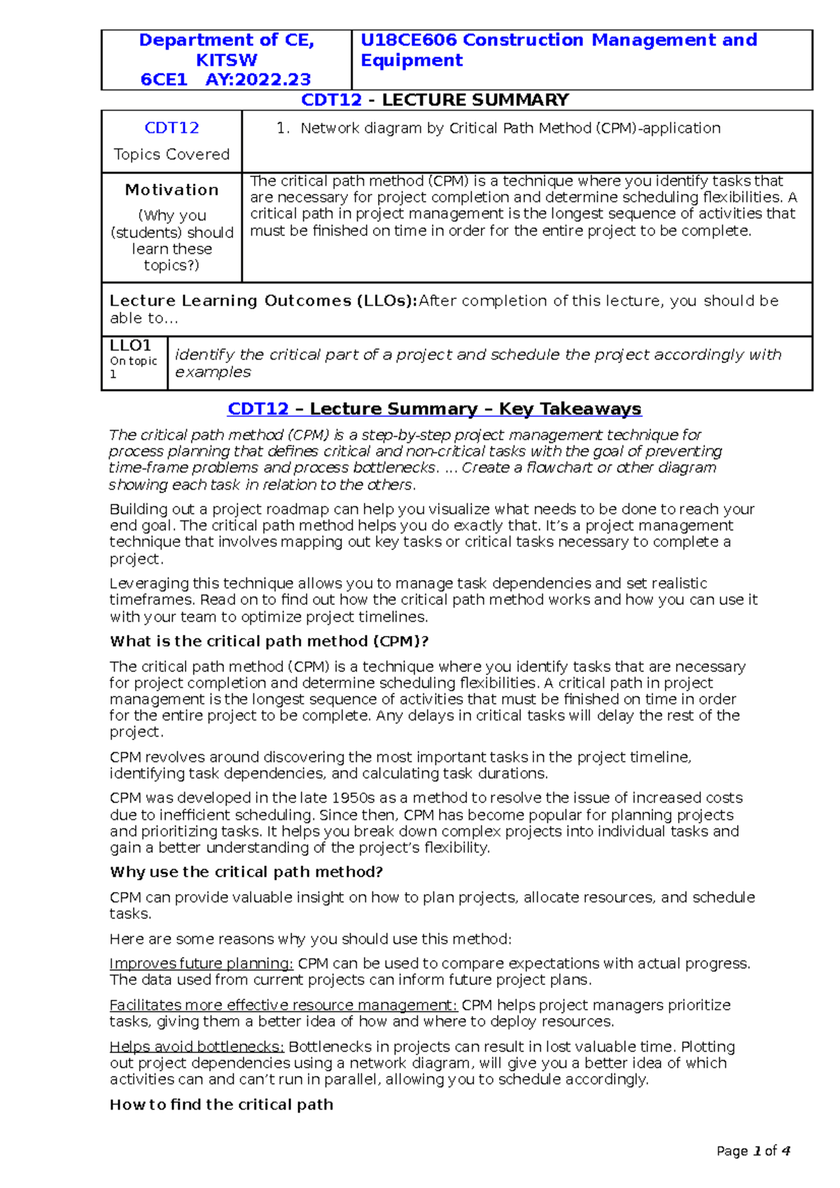 CME17 - Notes - KITSW 6CE1 AY:2022. Equipment CDT12 - LECTURE SUMMARY ...