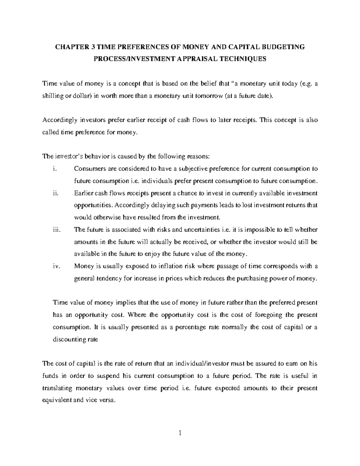 TIME Preferences OF Money AND Project Appraisal Criteria - CHAPTER 3 ...