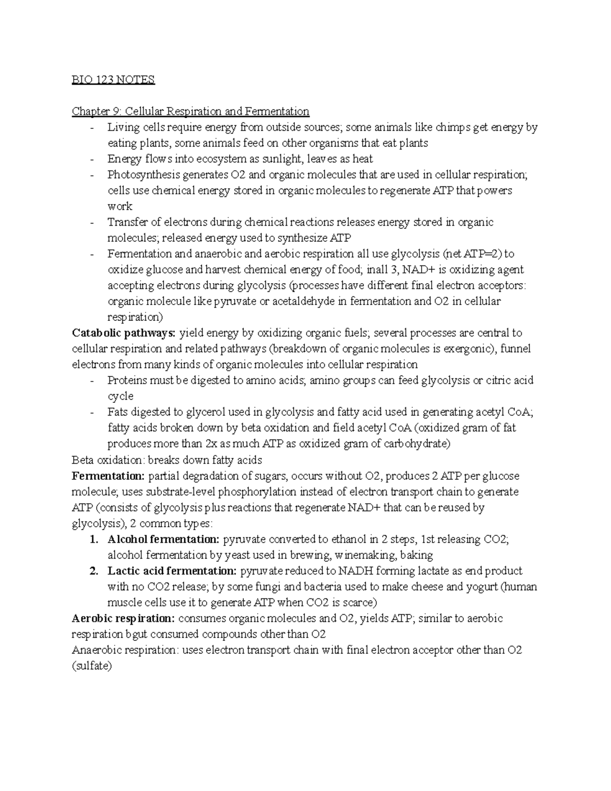 BIO 123 EXAM 1 Notes - BIO 123 NOTES Chapter 9: Cellular Respiration ...