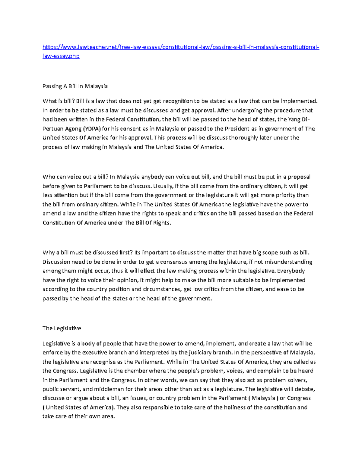 Passing a bill in Malaysia and US - - Studocu