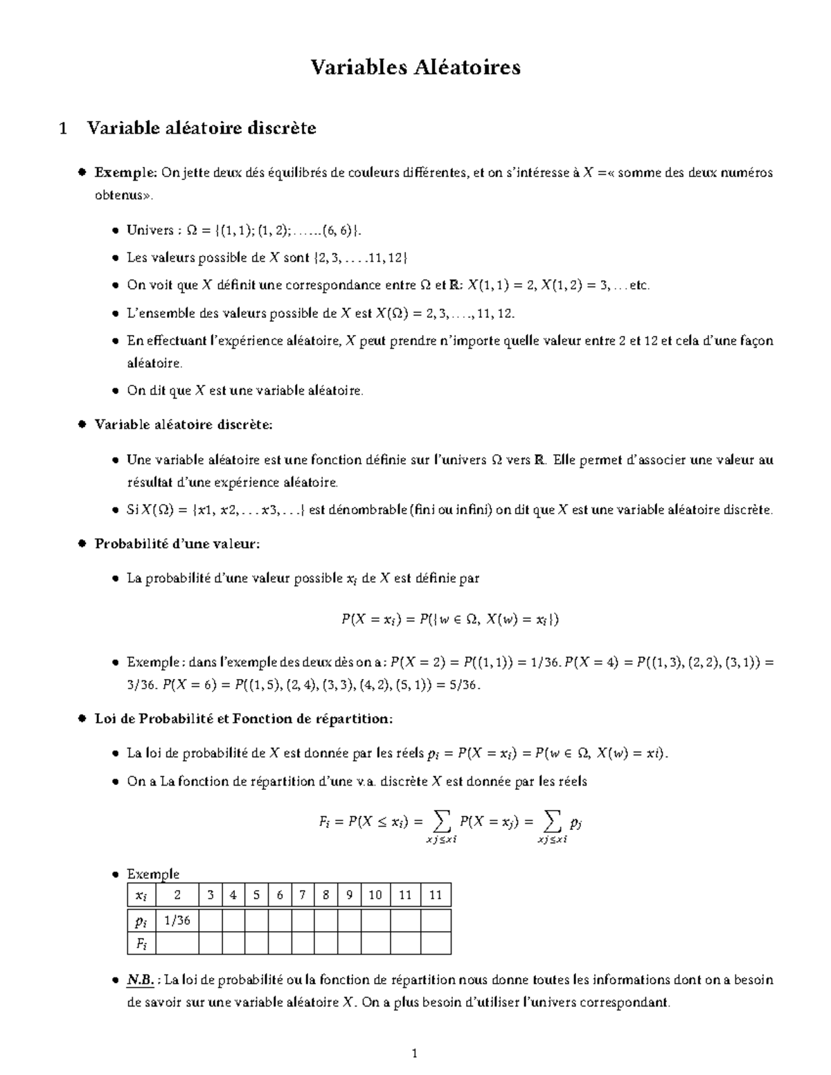 Probabilite Cours 2 - Variables Aléatoires 1 Variable aléatoire discrète • Exemple: On jette ...