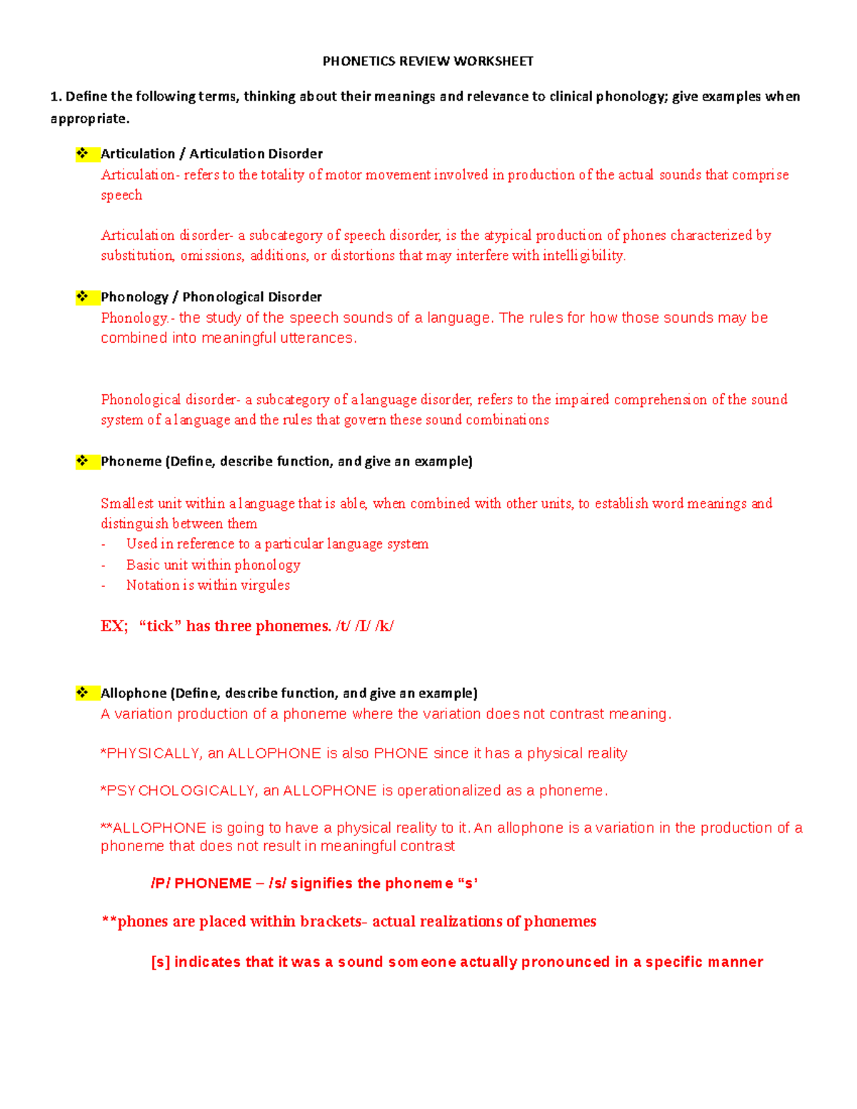 Phonetics Review Worksheet - PHONETICS REVIEW WORKSHEET Define the ...