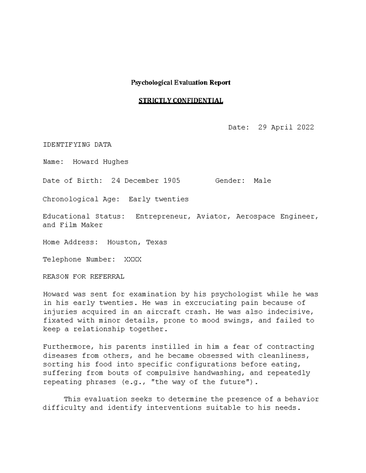 Psychological Report about - Howard Hughes - Psychological Evaluation ...