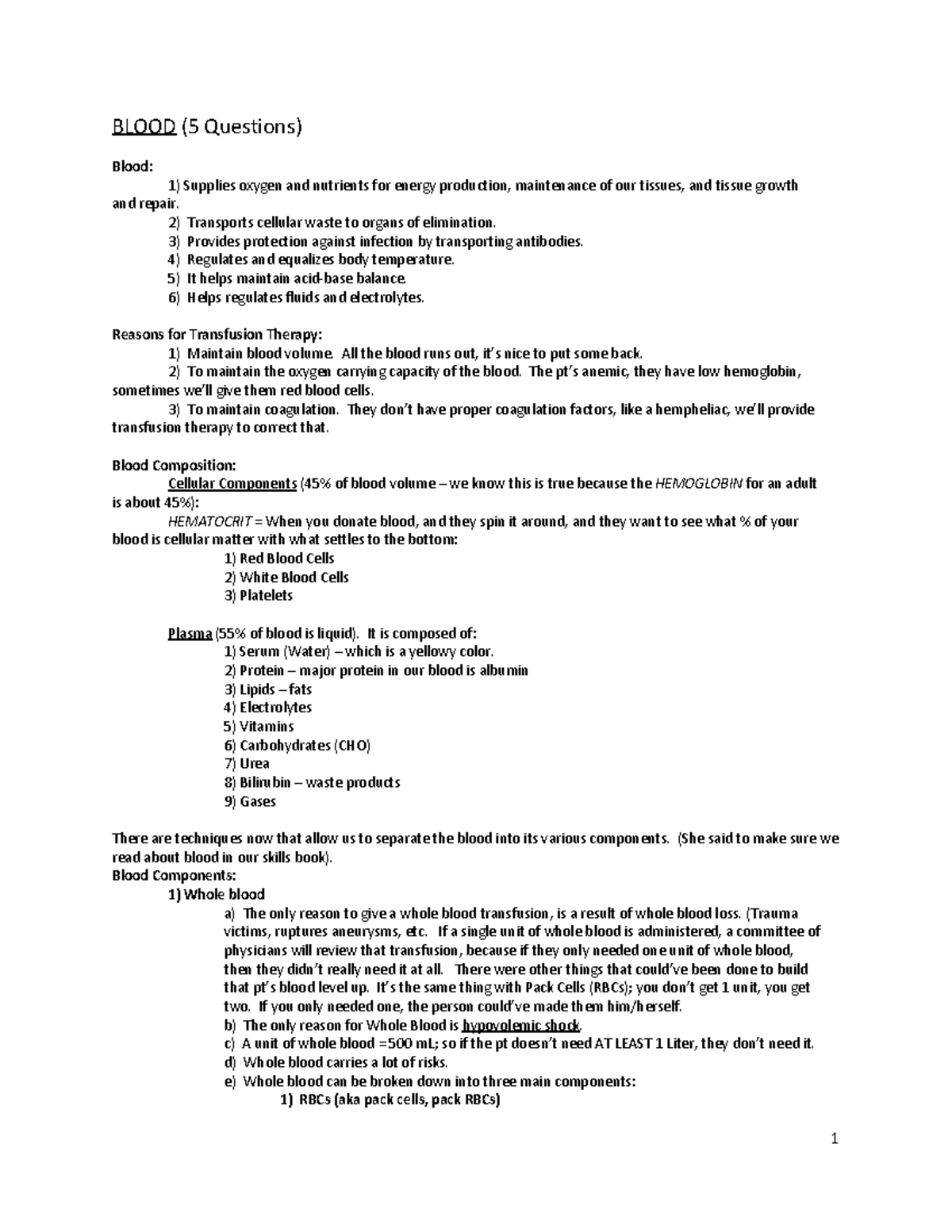 Blood (6pgs) - BLOOD (5 Questions) Blood: 1) Supplies oxygen and ...