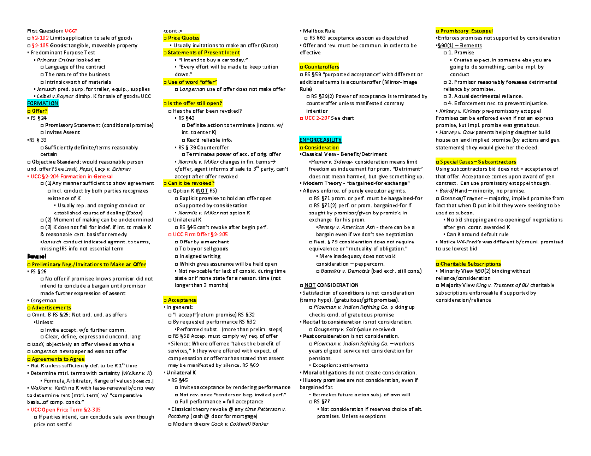370675462 Contracts Checklist pdf - First Question: UCC? ¥ ß2-102 ...