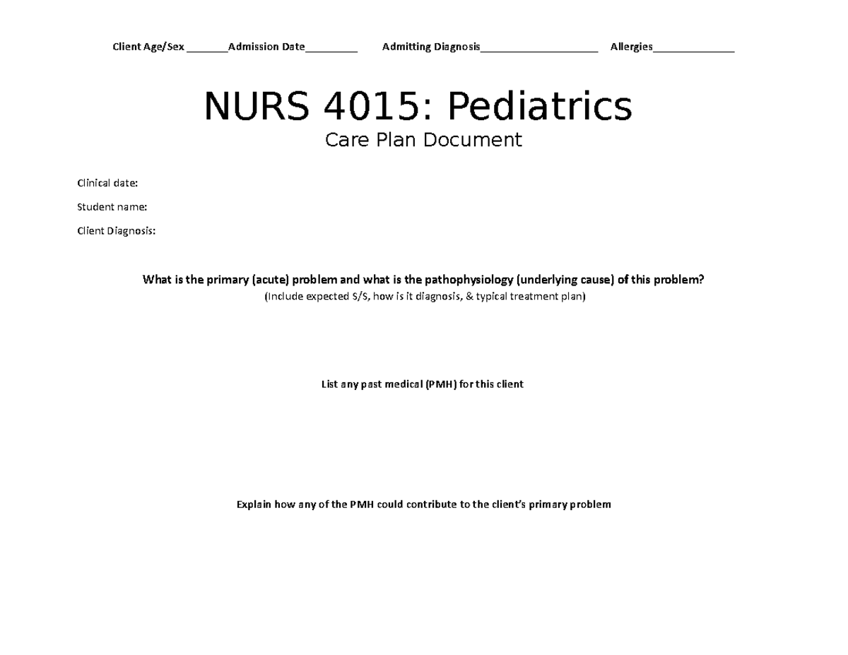 Pediatrics Care Plan -Can edit - NURS 4015: Pediatrics Care Plan ...