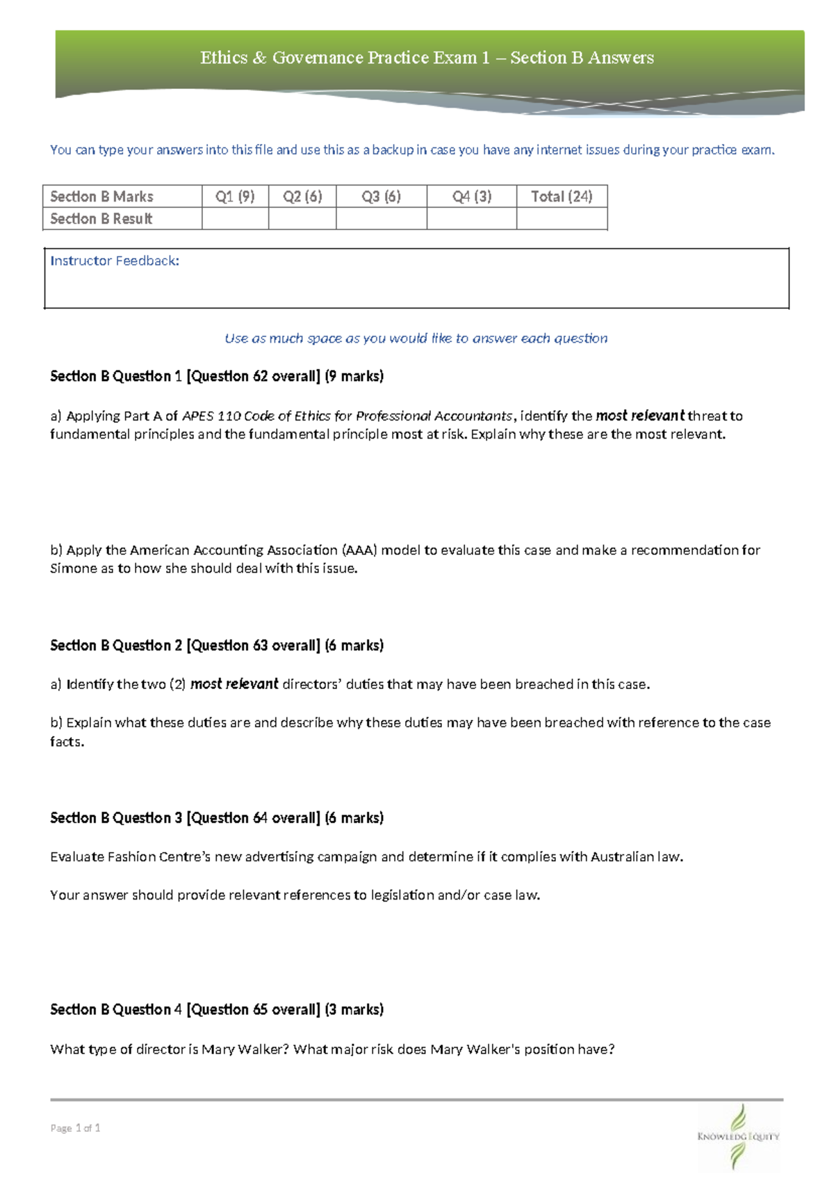 EG Practice Exam 1 answers 2019 S1 - ] Ethics & Governance Practice ...