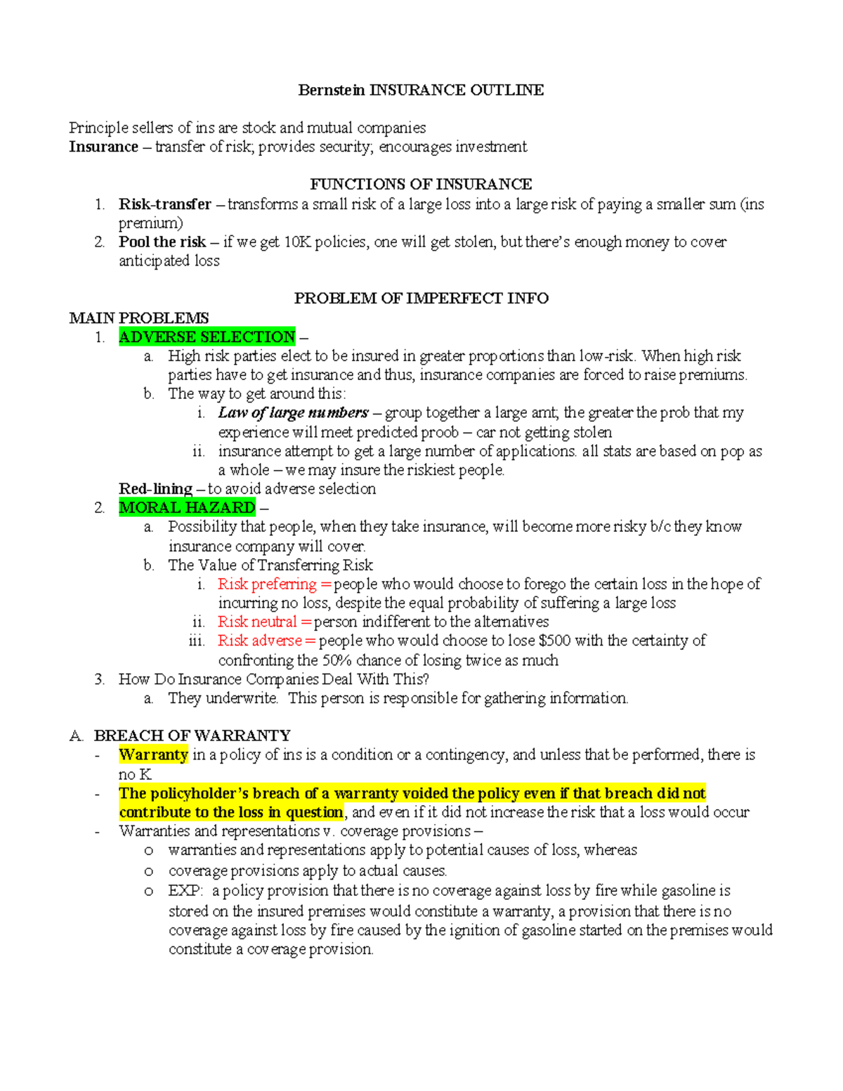 Pdfcoffee - gdhcgmcjtdjygh - Bernstein INSURANCE OUTLINE Principle sellers of ins are stock and ...