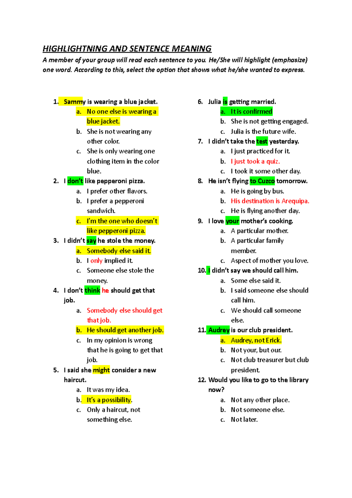 U34 Highlighting Worksheet - HIGHLIGHTNING AND SENTENCE MEANING A ...