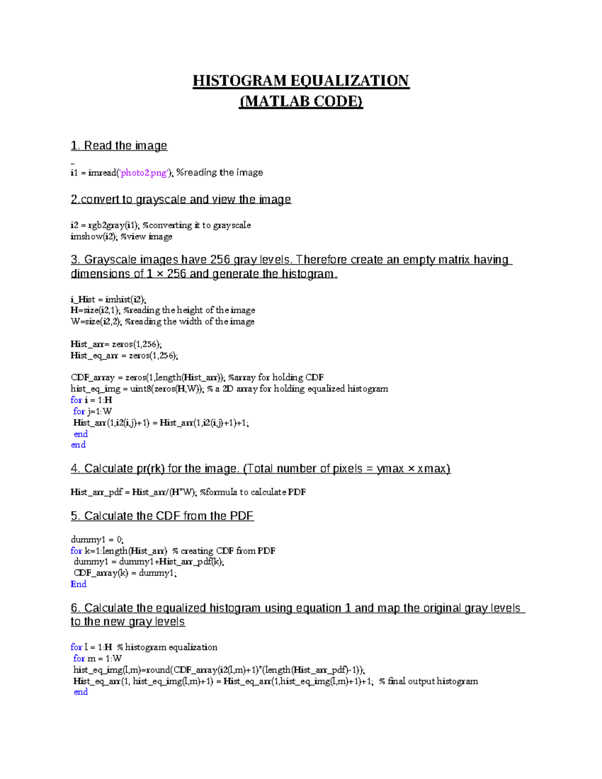 Histogram Equalizationpdf - HISTOGRAM EQUALIZATION (MATLAB CODE) 1 ...