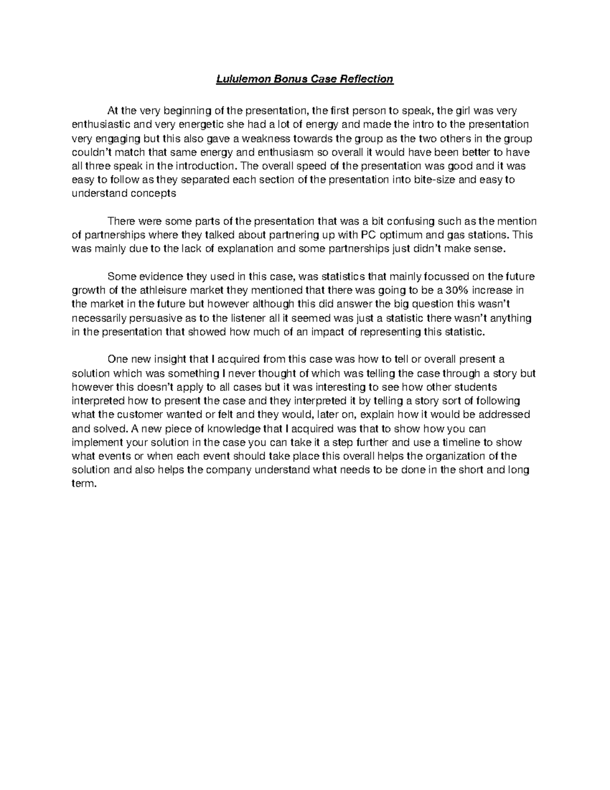 Lululemon Case Study practice - Lululemon Bonus Case Reflection At the ...