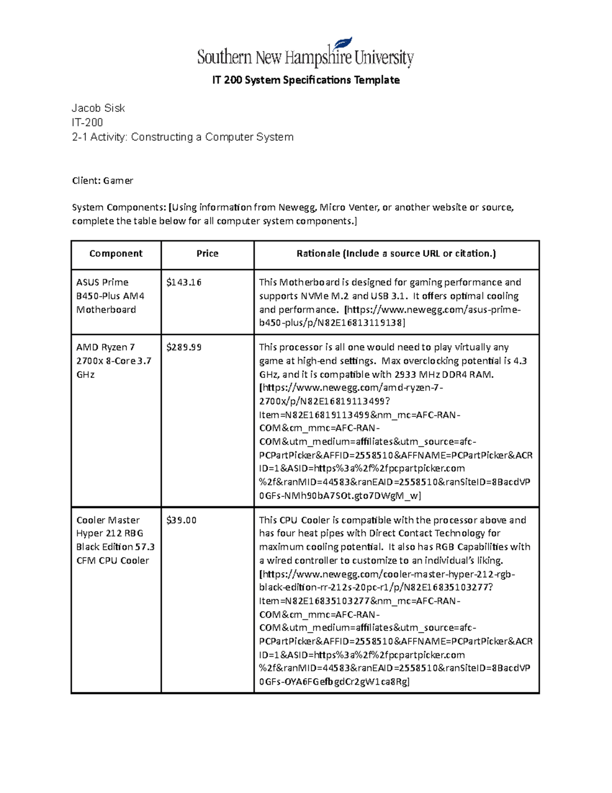 2-1 Activity Constructing a Computer System Jacob Sisk - IT 200 System Specifications Template ...