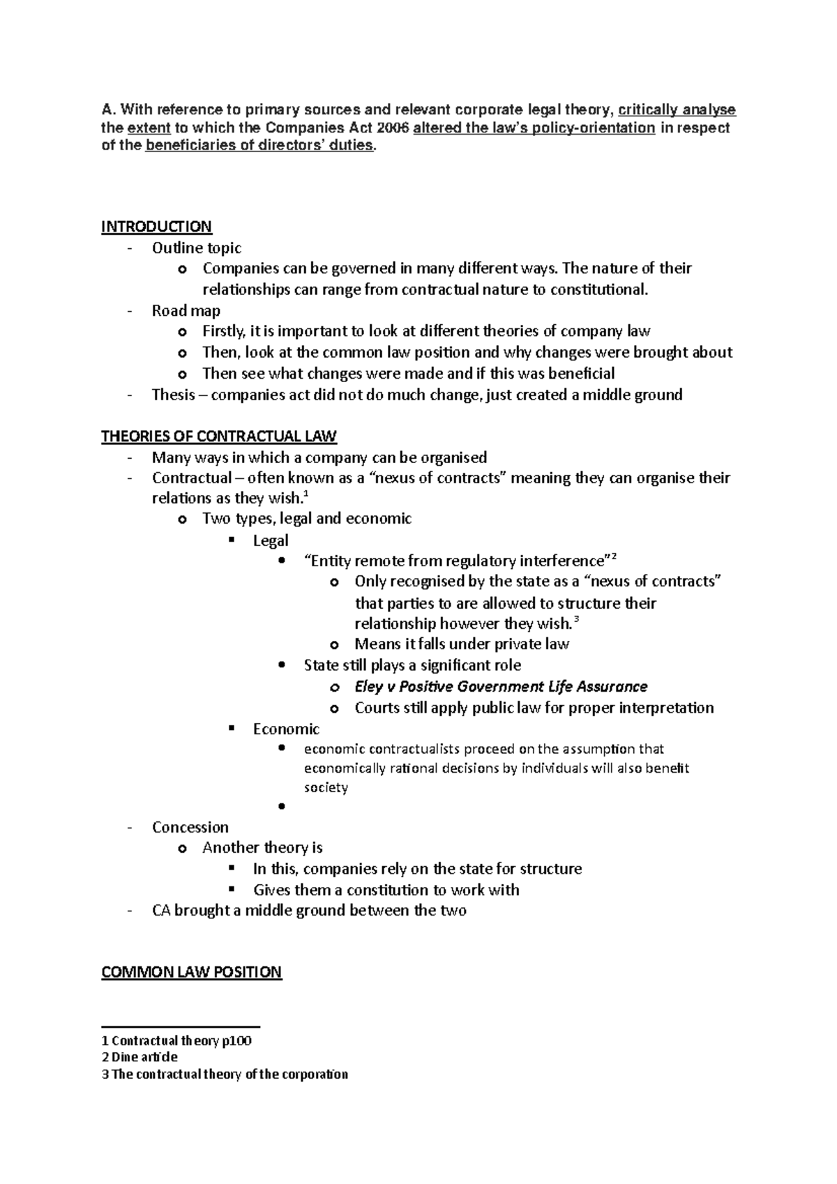 Company Law Essay PLAN - A. With reference to primary sources and ...
