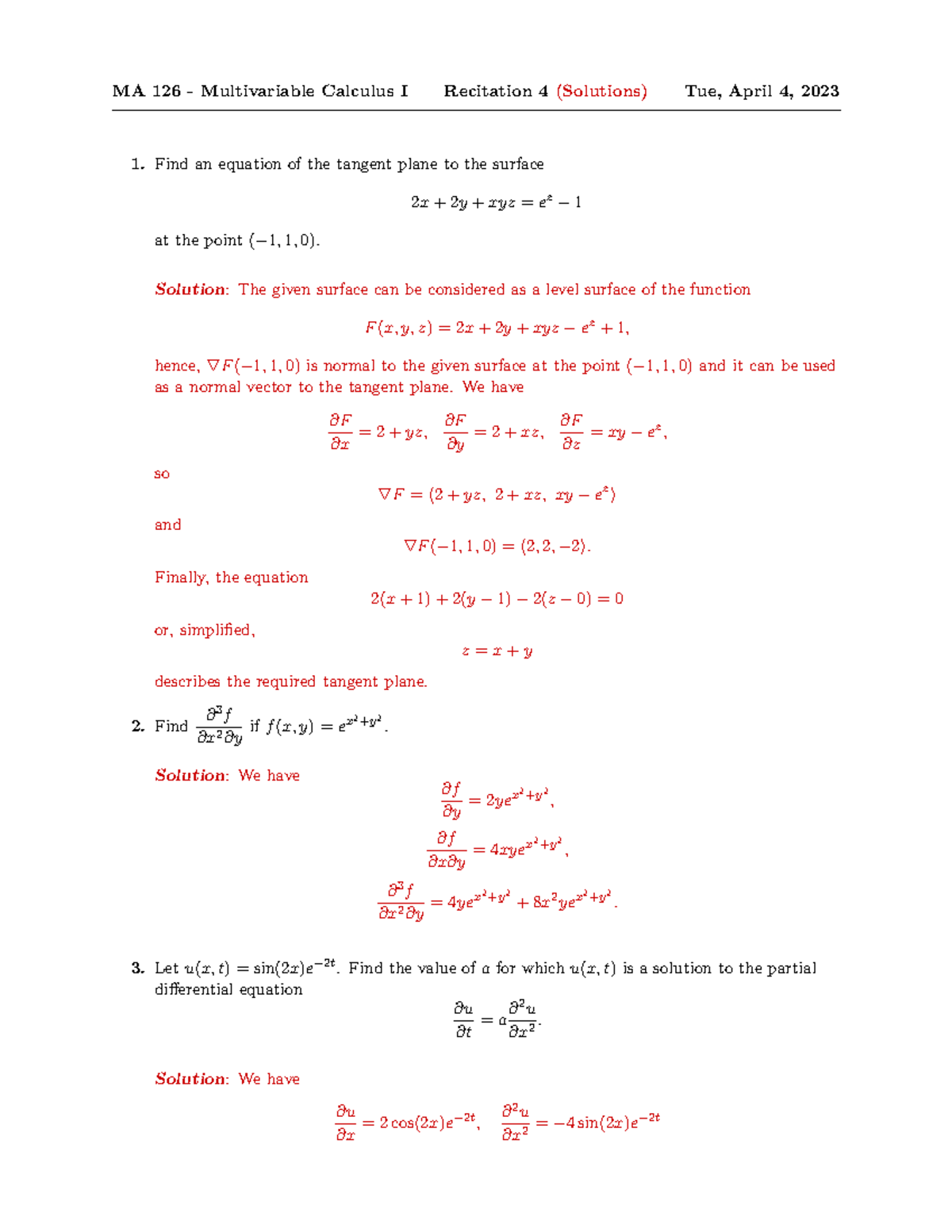 MA126 23S2 Rc4 sol - practice questions on weekly material - MA 126 - Multivariable Calculus I ...