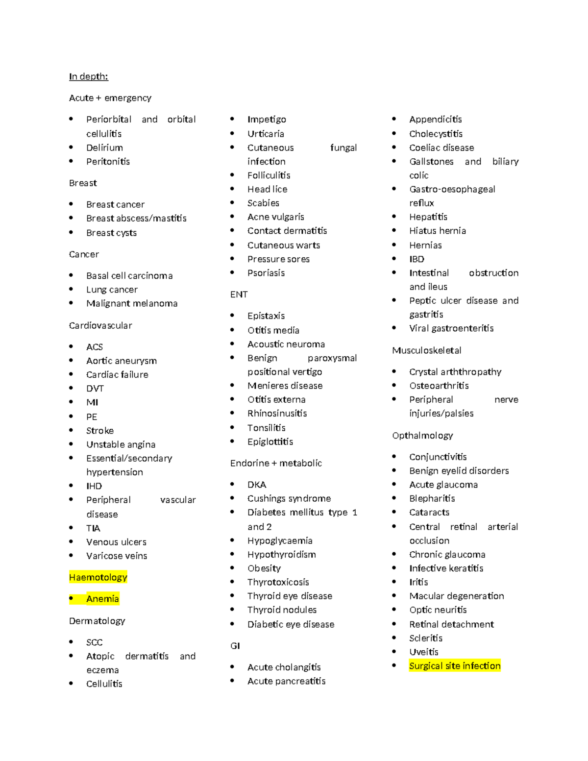 Core Conditions Checklist - In depth: Acute + emergency Periorbital and ...