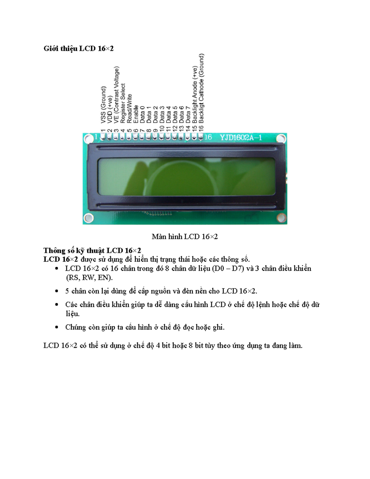 LCD vs I2C - A GOOD - Giới thiệu LCD 16× Màn hình LCD 16× Thông số kỹ ...