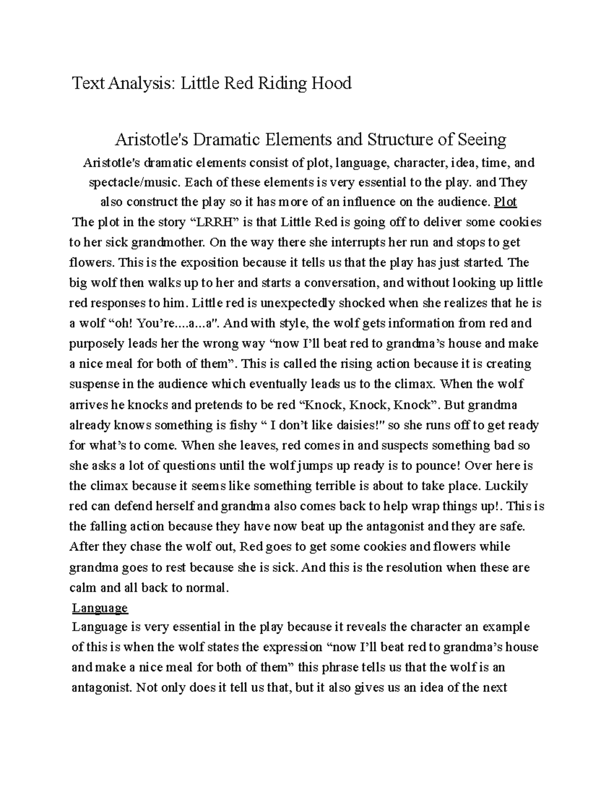 Text Analysis Essay - Text Analysis: Little Red Riding Hood Aristotle's ...