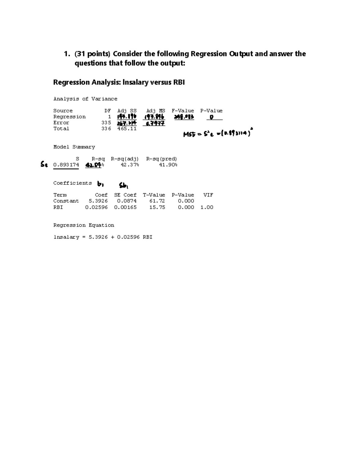 Sample Final 2 8AM - 1. ( 31 points) Consider the following Regression ...