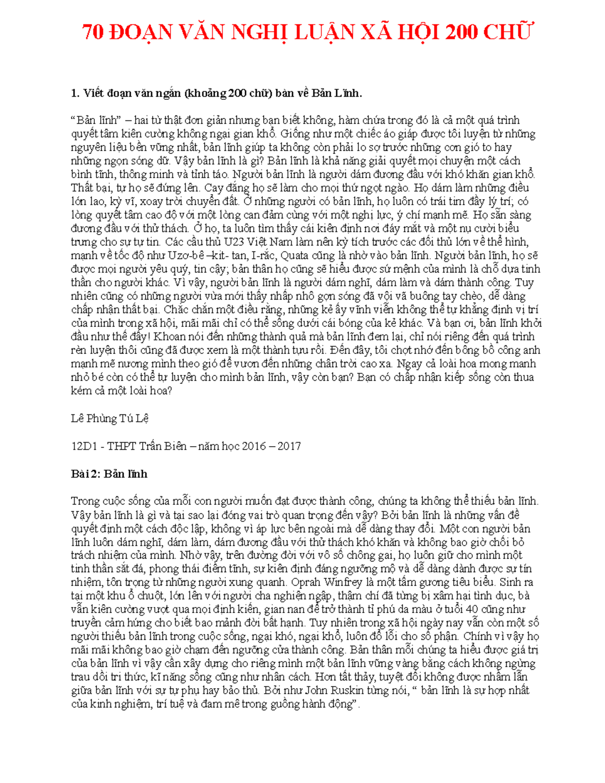 70 doan van nghi luan xa hoi 200 chu - 70 ĐOẠN VĂN NGHỊ LUẬN XÃ HỘI 200 CHỮ 1. Viết đoạn văn ...
