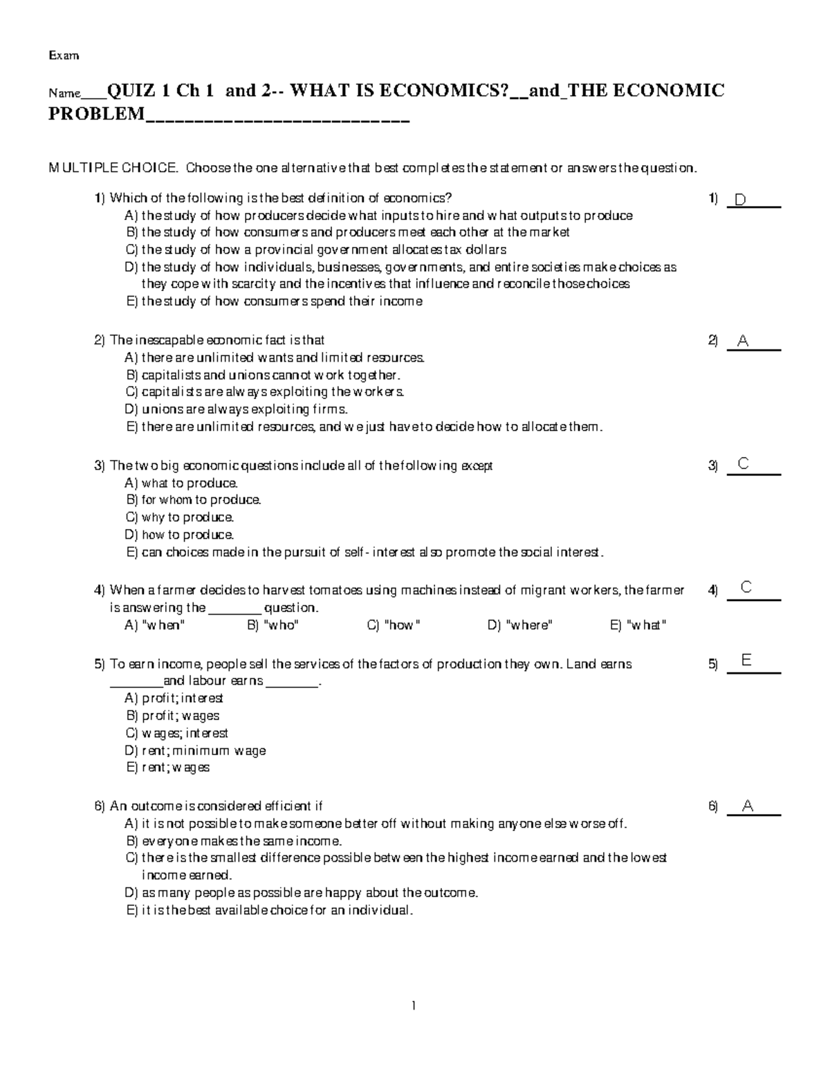 Learn QUIZ 1 Ch 1 and 2 - WHAT IS Economcis and THE Economic Problem ...
