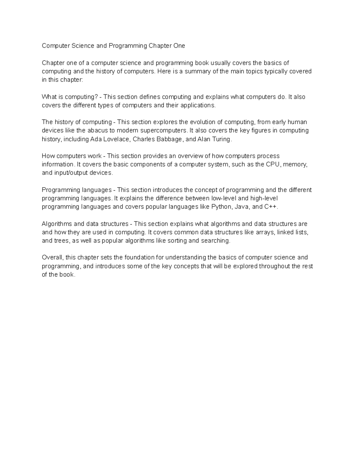 Computer Science and Programming Chapter One - Here is a summary of the ...