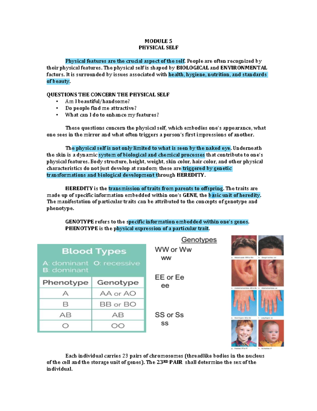 UTS Physical-Self - Notes - MODULE 5 PHYSICAL SELF Physical features ...