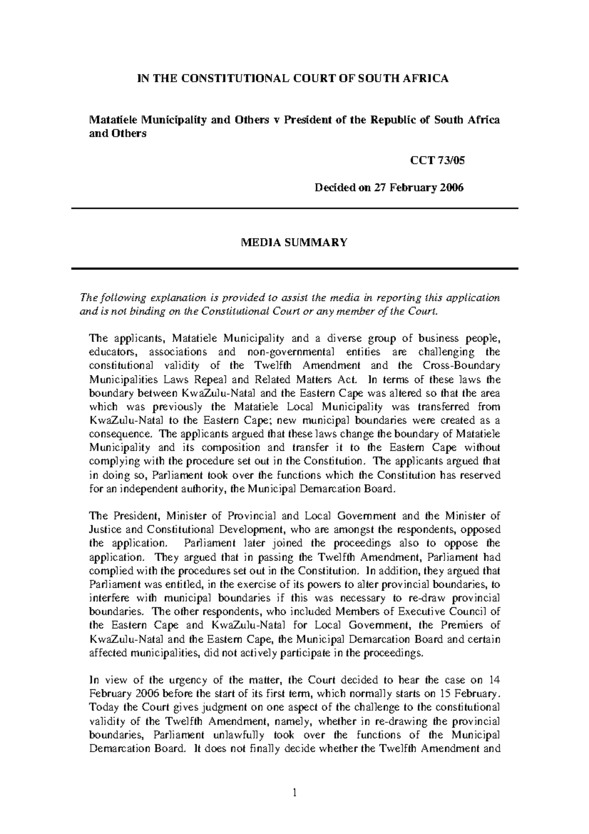 Matatiele case summary - IN THE CONSTITUTIONAL COURT OF SOUTH AFRICA ...