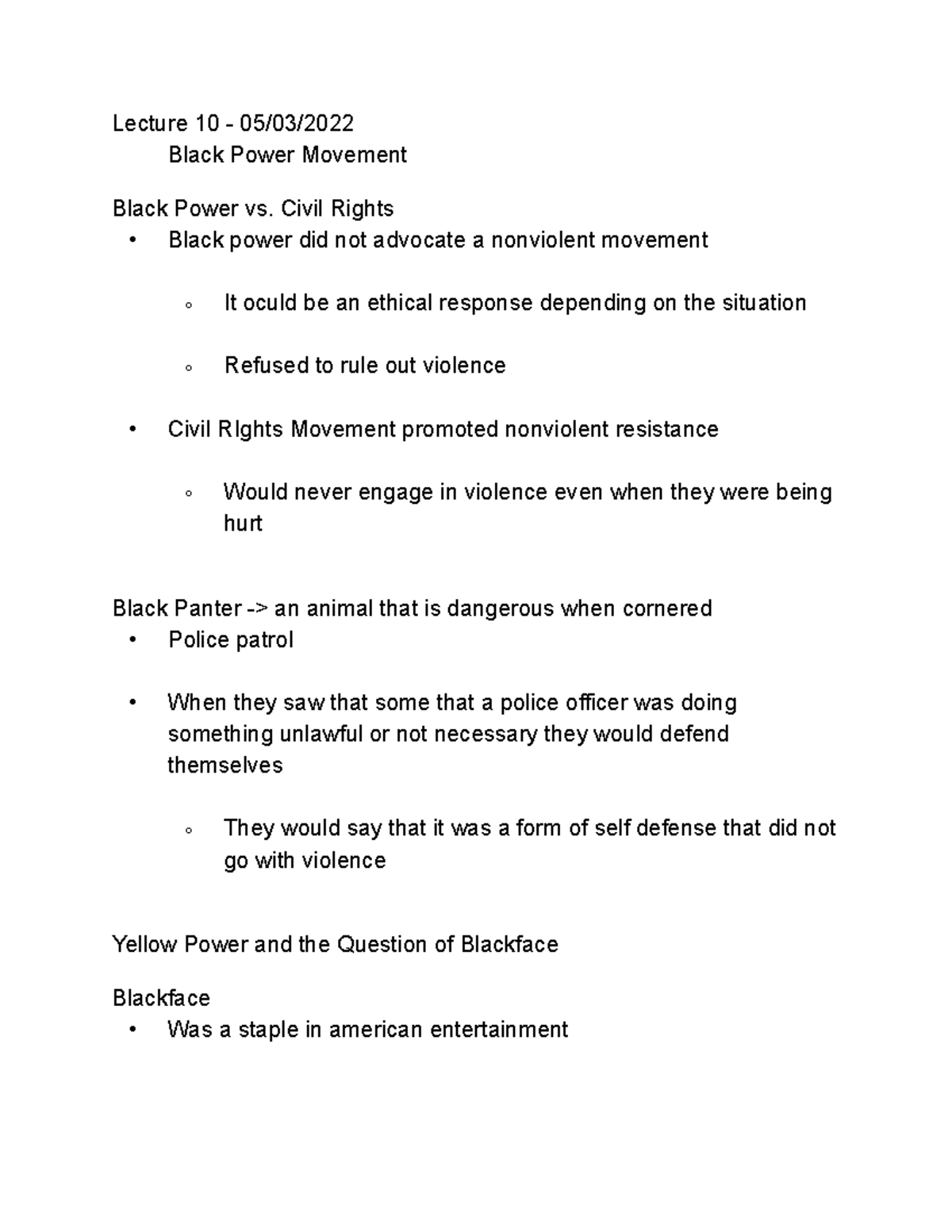 Lecture 10 - 05:03:2022 - Lecture 10 - 05/03/ Black Power Movement ...