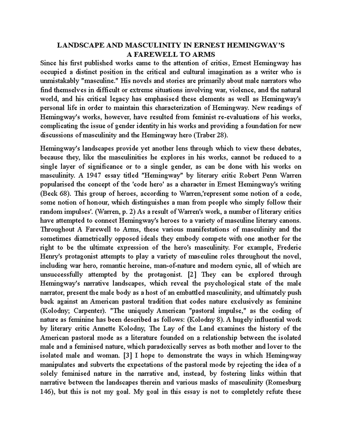 Landscape AND Masculinity In Ernest Hemingway's A Farewell TO ARMS ...