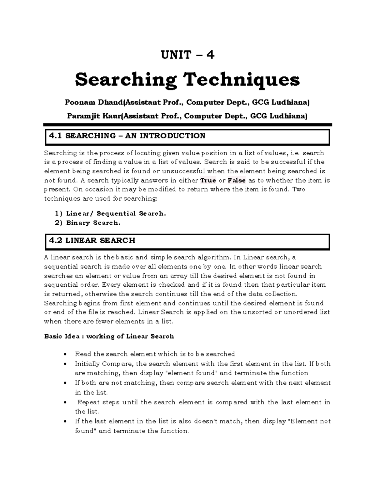Searching Techniques Data Structure - UNIT – 4 Searching Techniques Poonam Dhand(Assistant Prof ...
