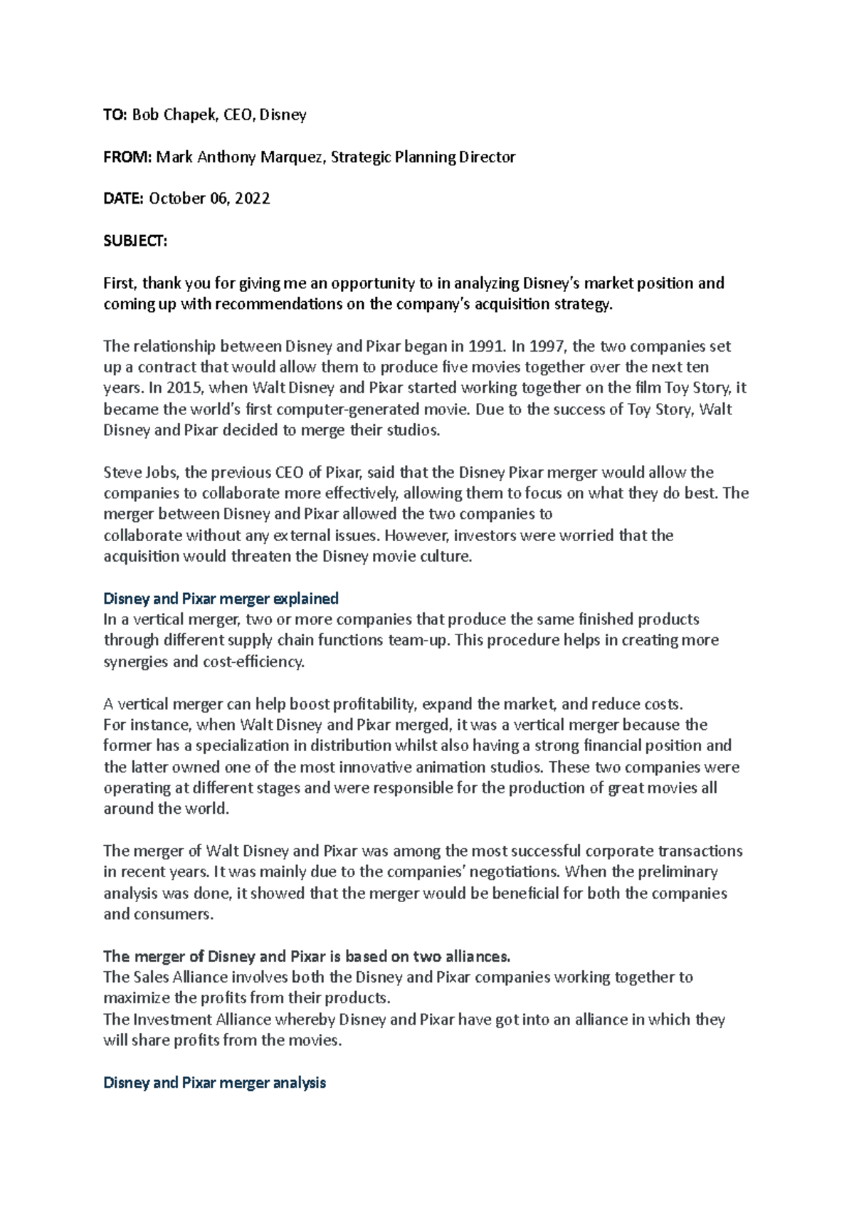 Disney Case Study - TO: Bob Chapek, CEO, Disney FROM: Mark Anthony ...