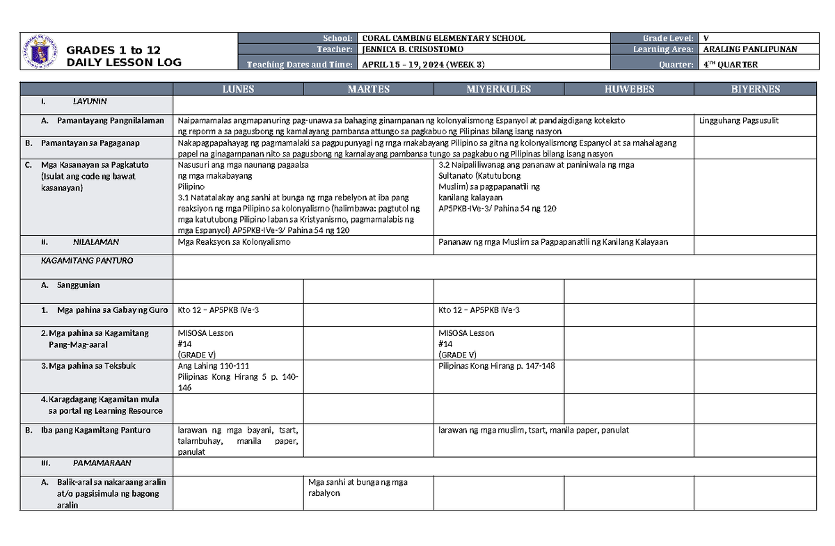 DLL Araling Panlipunan 5 Q4 W3 - GRADES 1 to 12 DAILY LESSON LOG School: CORAL CAMBING ...
