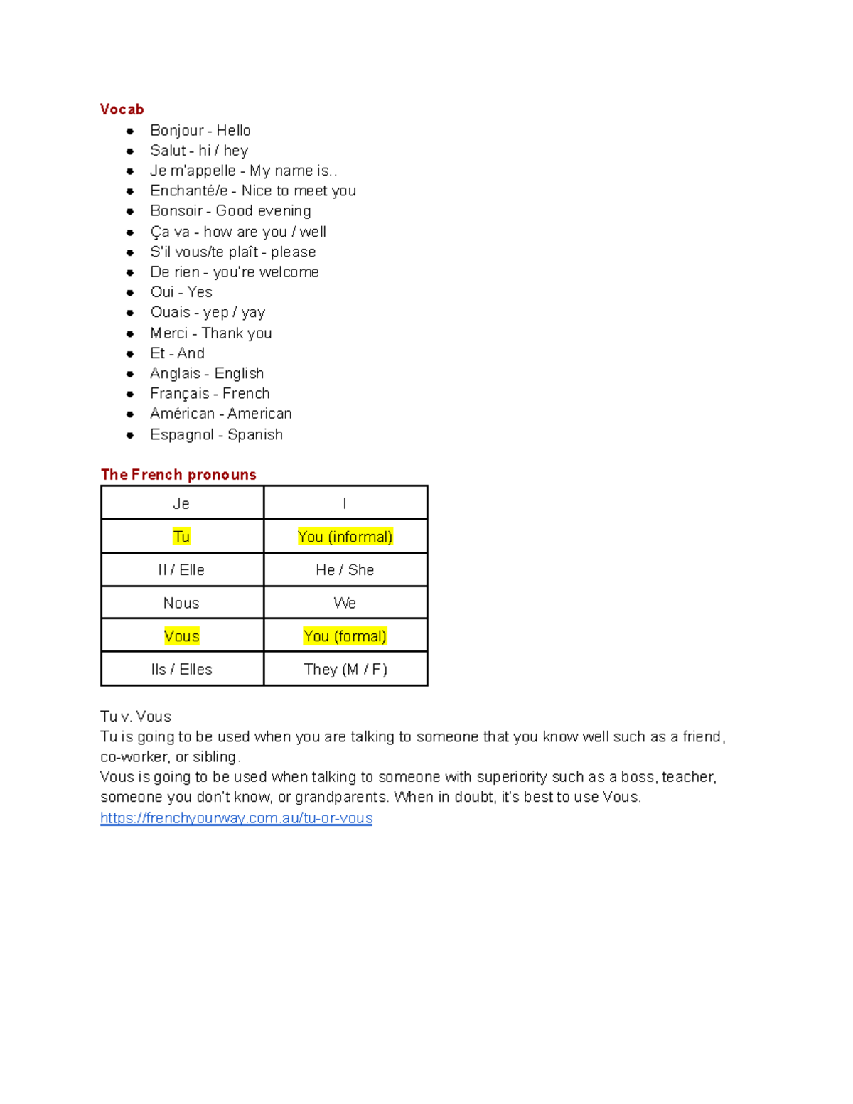 Lesson 1 - S - Vocab Bonjour - Hello Salut - hi / hey Je m’appelle - My ...