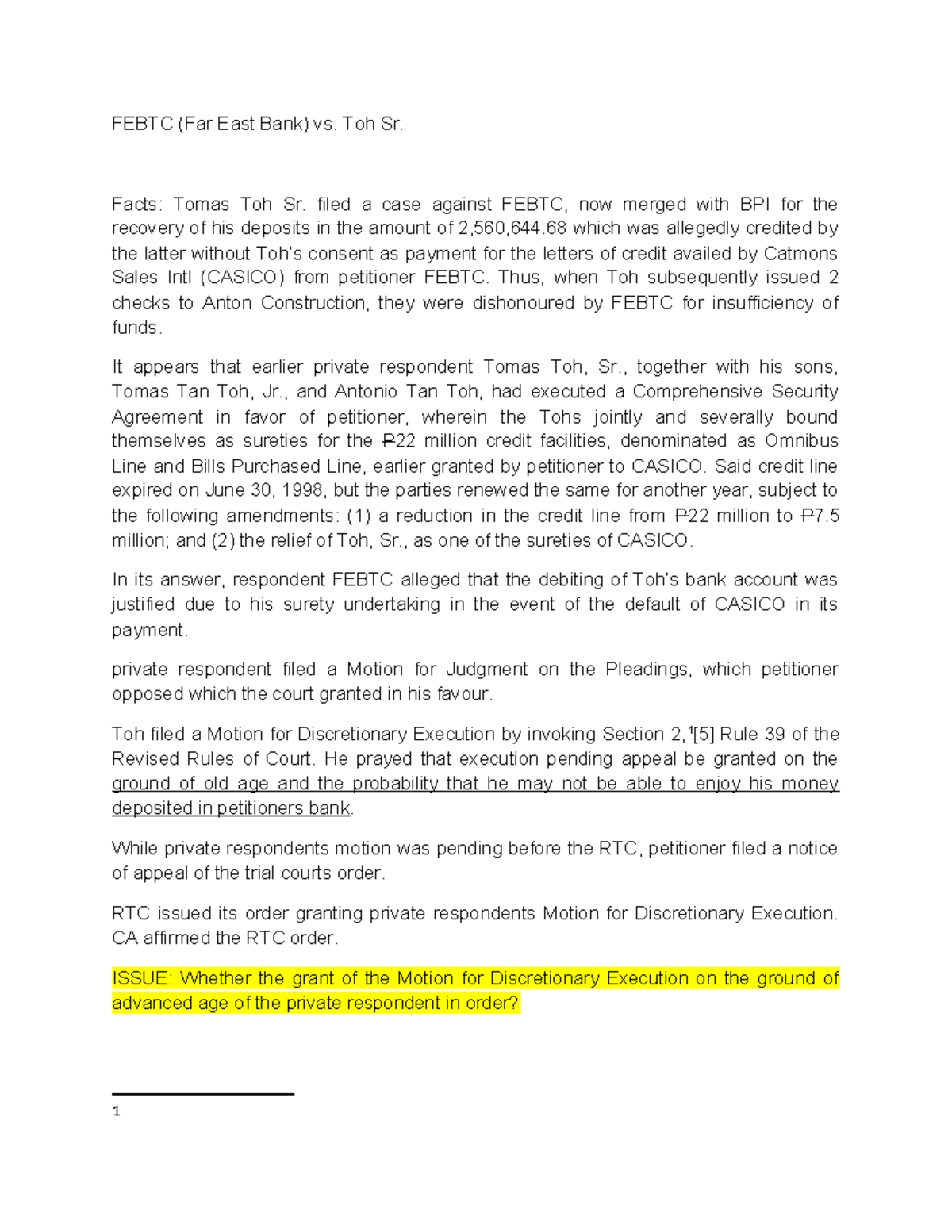 329633078 Febtc Vs TOH - CASE - FEBTC (Far East Bank) vs. Toh Sr. Facts ...