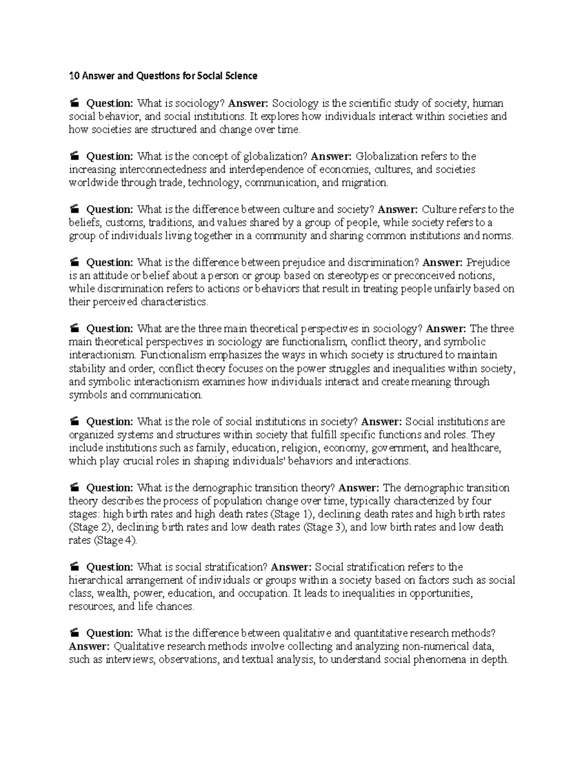 10 Answer and Questions for Social Science - It explores how ...