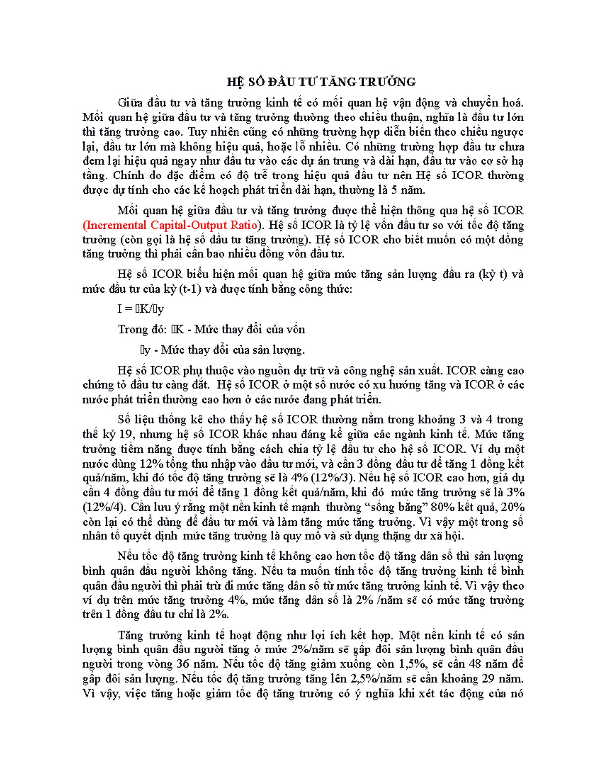 HE SO TANG Truong - ICOR - HỆ SỐ ĐẦU TƯ TĂNG TRƯỞNG Giữa đầu tư và tăng ...