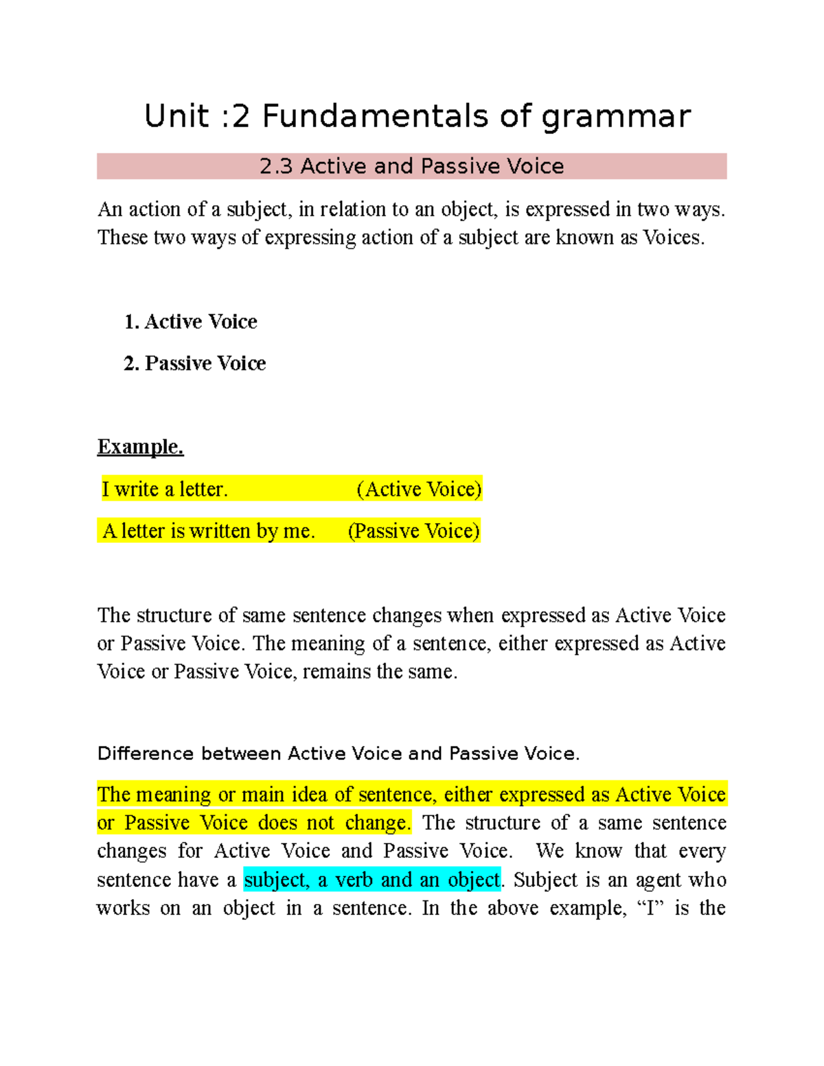 2.3 Active and Passive Voice - Unit :2 Fundamentals of grammar 2 Active ...
