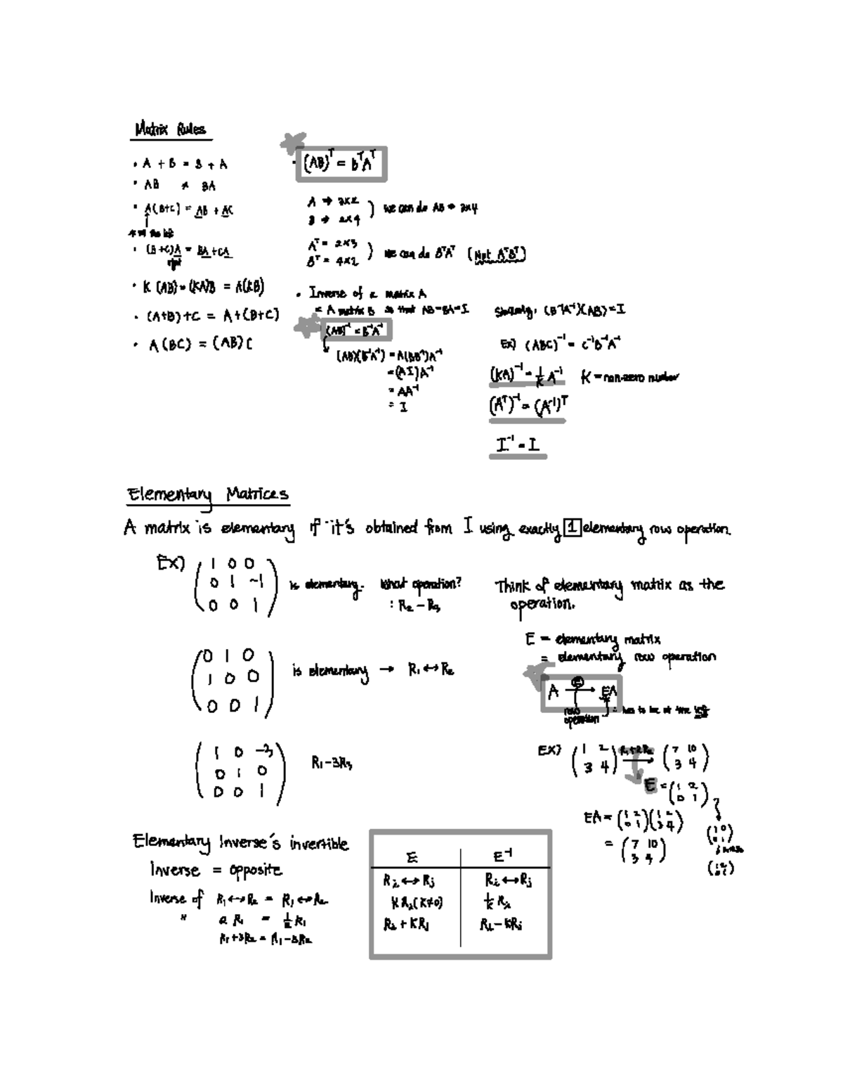Matrix rules, elementary matrix - linear methods 1 - Studocu
