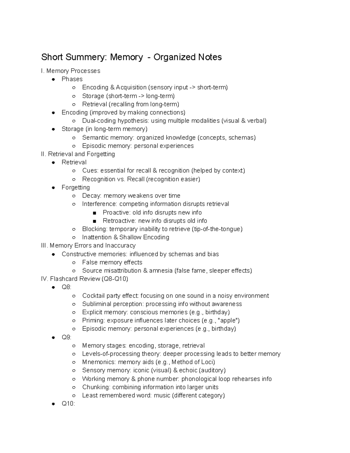 Short Summery Memory - Organized Notes - Memory Processes Phases ...