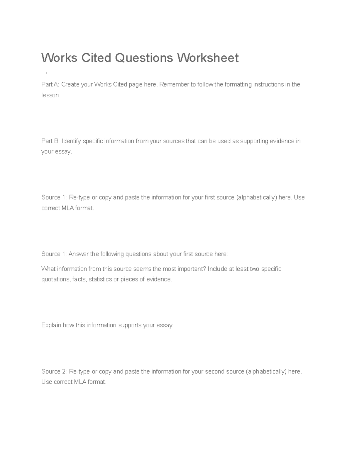 Citations - gfcutjyh - Works Cited Questions Worksheet Part A: Create ...