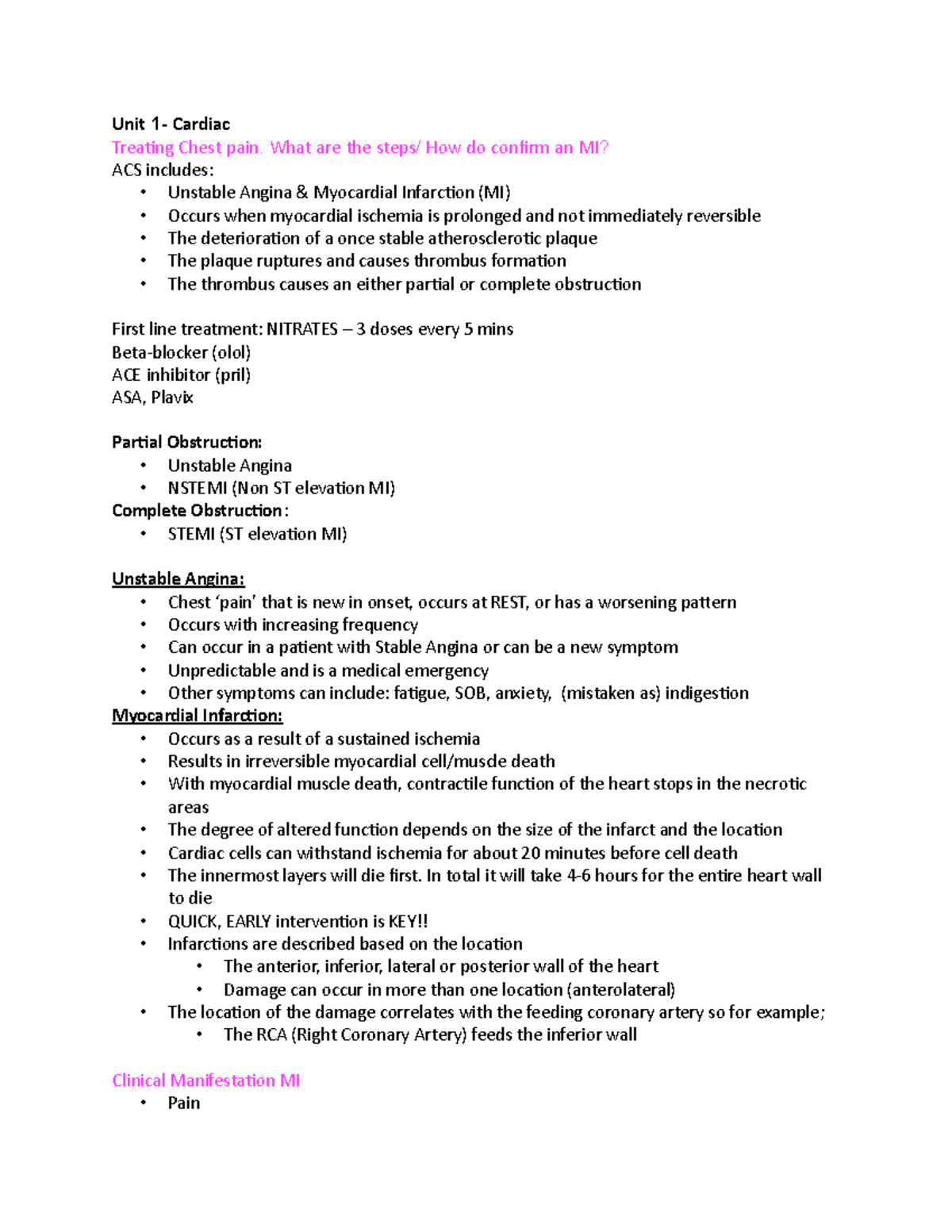 OSCE 204 - OSCE prep sheets for 204 - Unit 1- Cardiac Treating Chest ...