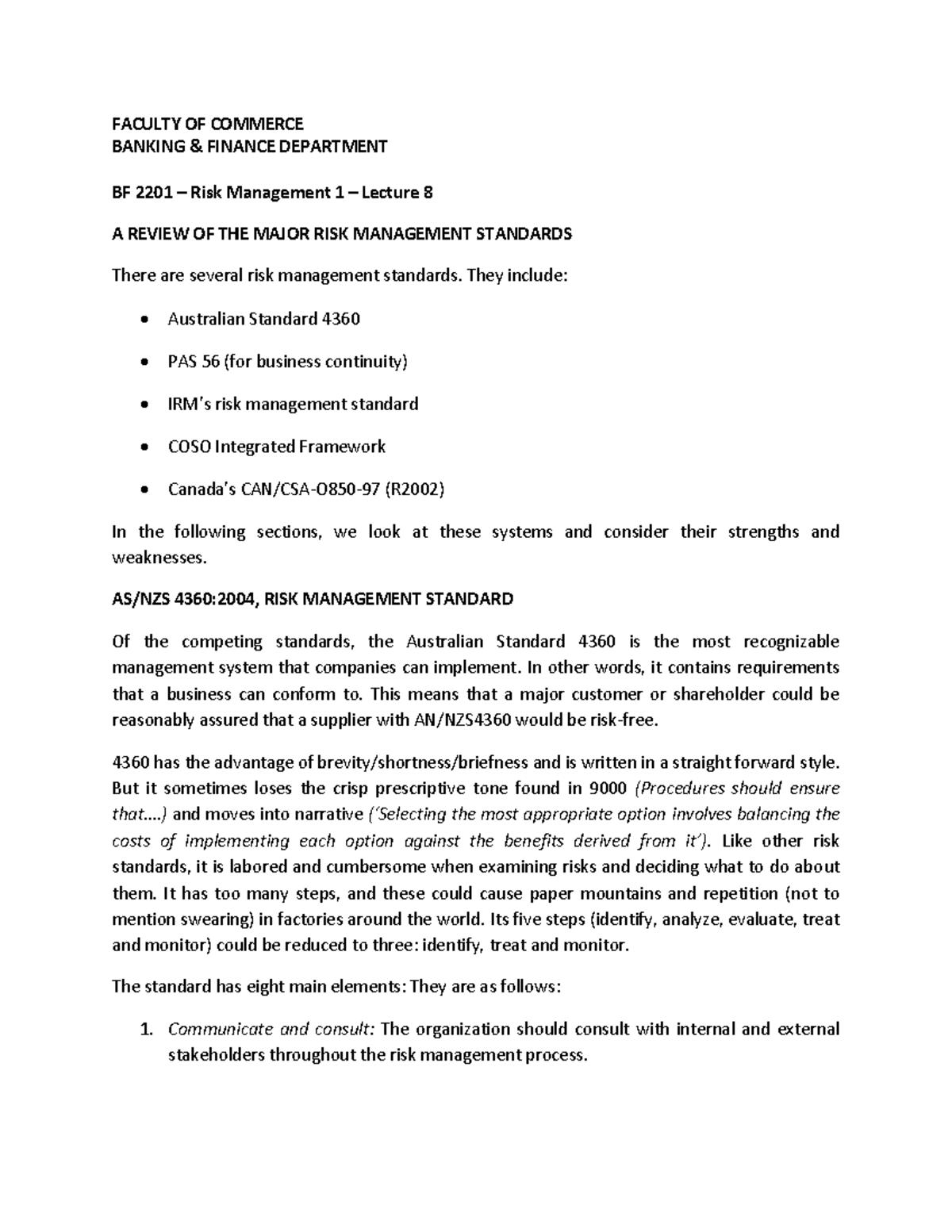 Risk Mgt lec 8 - ECONOMICS - FACULTY OF COMMERCE BANKING & FINANCE ...