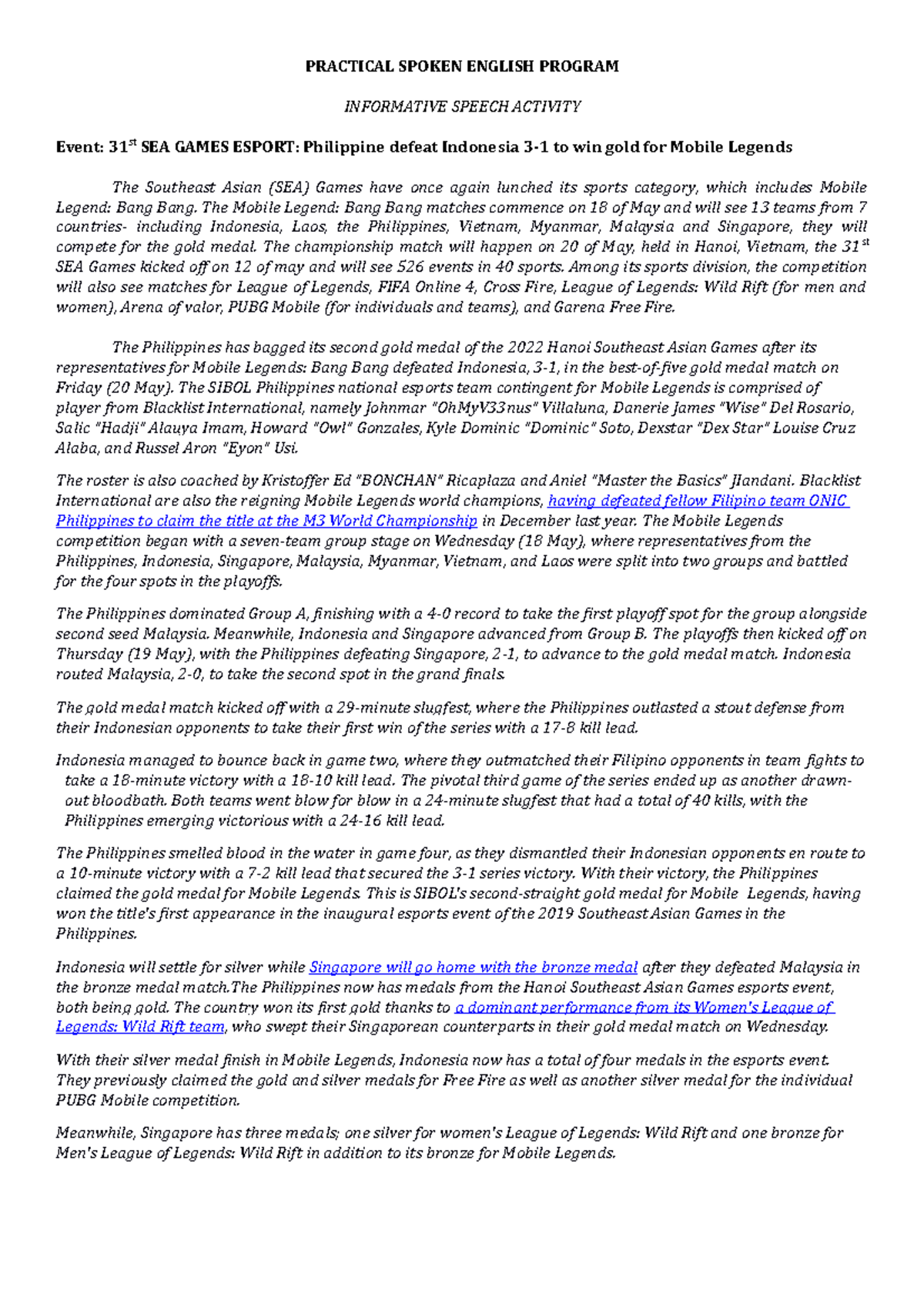 Informative Speech Activity in PSEP - PRACTICAL SPOKEN ENGLISH PROGRAM ...