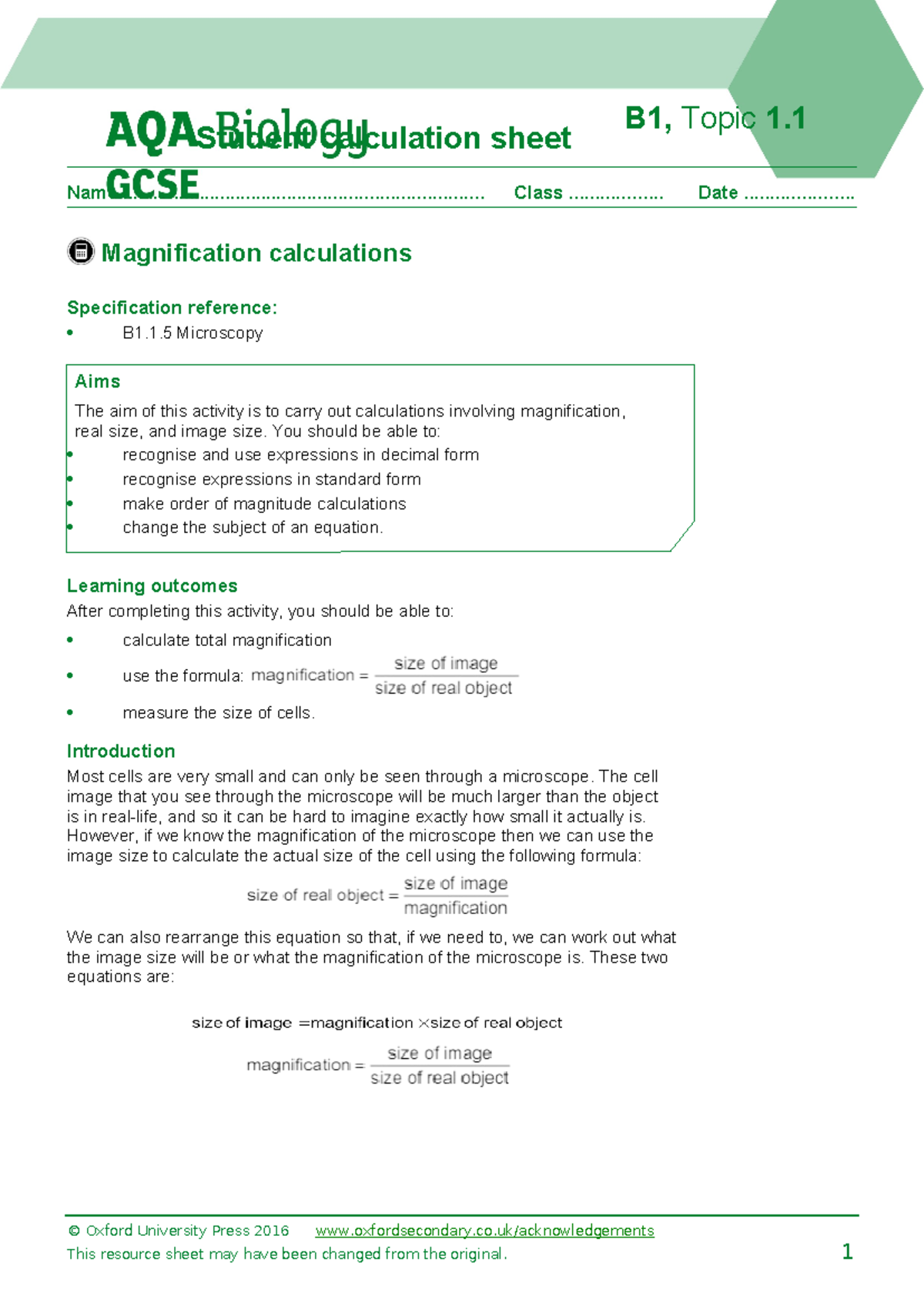 Kerboodle-magnification questions - B1, Topic 1. Student calculation ...