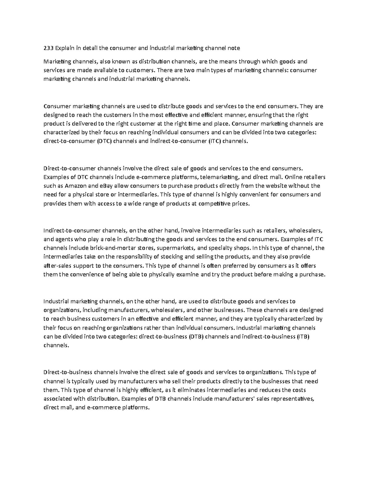 233 Explain in detail the consumer and industrial marketing channel ...